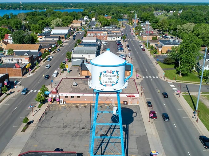 Lindstr&ouml;m's blue water tower stands tall like a Swedish sentinel, watching over a town where your dollar stretches further.