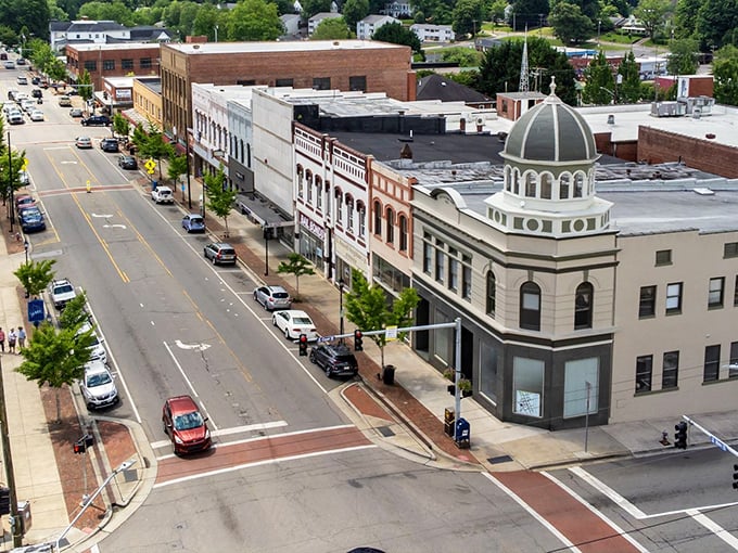 Downtown Marion's historic charm shines with its iconic domed building anchoring a street that looks frozen in time.