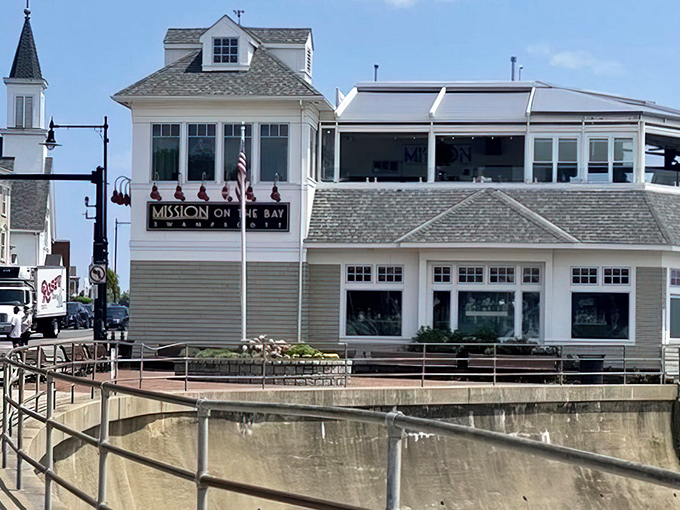 Mission on the Bay stands proud against the skyline. This waterfront beauty offers lobster with a side of spectacular views.