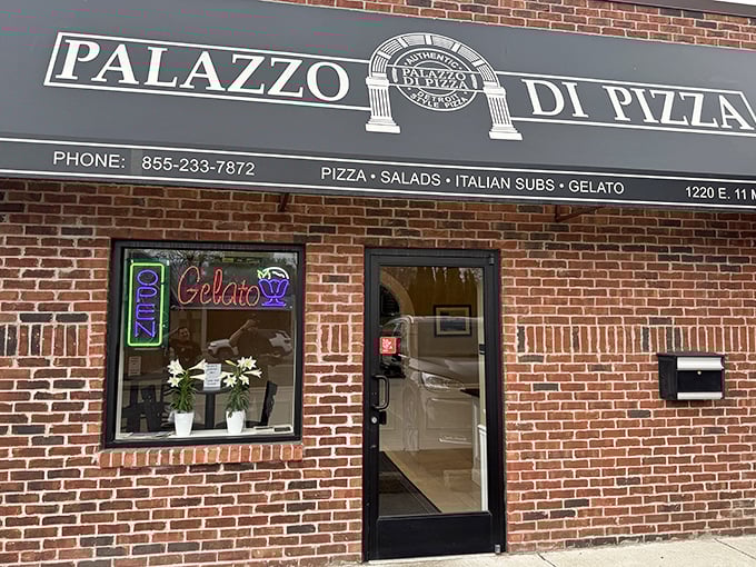 Palazzo Di Pizza's elegant brick storefront promises Italian sophistication with Detroit-style substance. Best of both worlds!