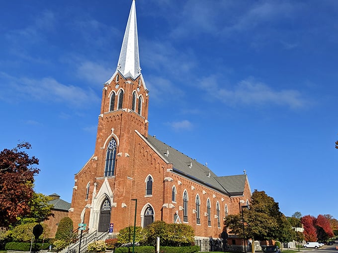The striking brick church in Petoskey reaches skyward, a spiritual landmark in a town where faith and community intertwine.