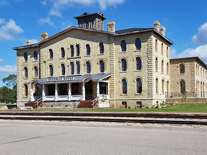 The majestic Dousman House stands as Prairie du Chien's limestone reminder of riverboat glory days.