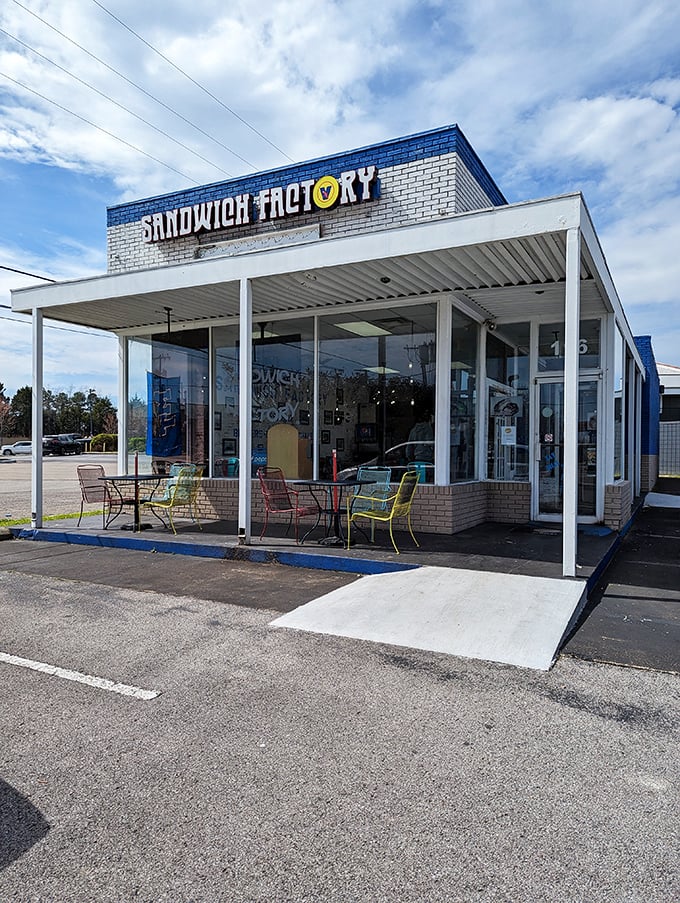 The Sandwich Factory's bold blue-and-white facade stands out like a beacon for the hungry and sandwich-deprived.