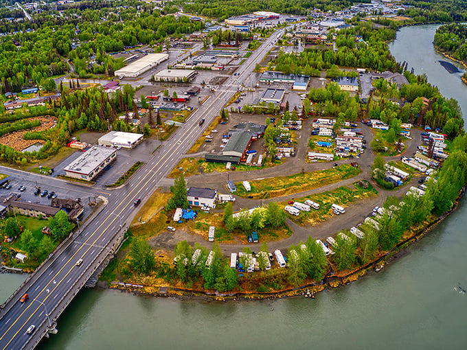 Soldotna's main street might be modest, but those trees hide world-class fishing spots just steps away.