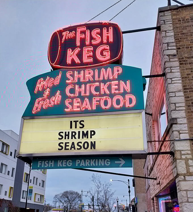 The Fish Keg's neon glow has been lighting up Howard Street for generations. When a sign says "It's Shrimp Season," you don't ask questions!