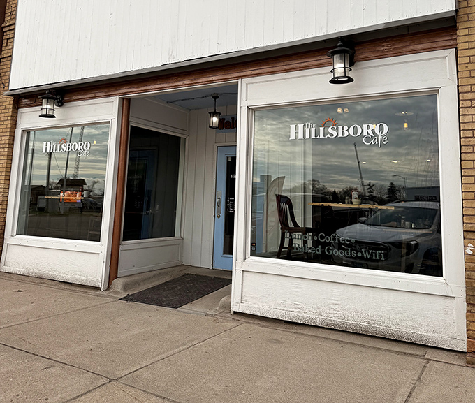 The Hillsboro Cafe's pristine storefront promises three essentials of North Dakota life: coffee, baked goods, and free WiFi.