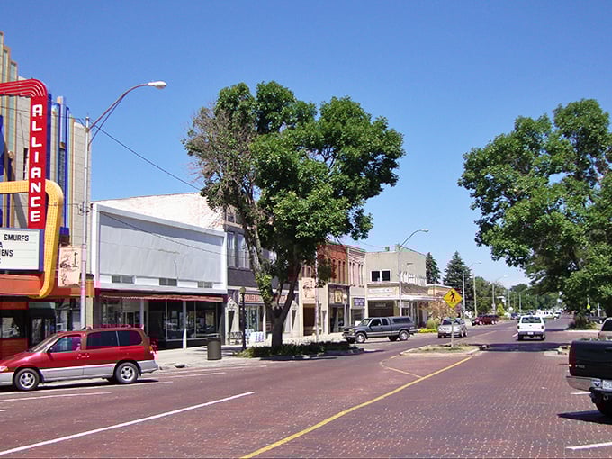 The brick-paved streets of downtown Alliance offer a nostalgic glimpse into small-town Nebraska charm.