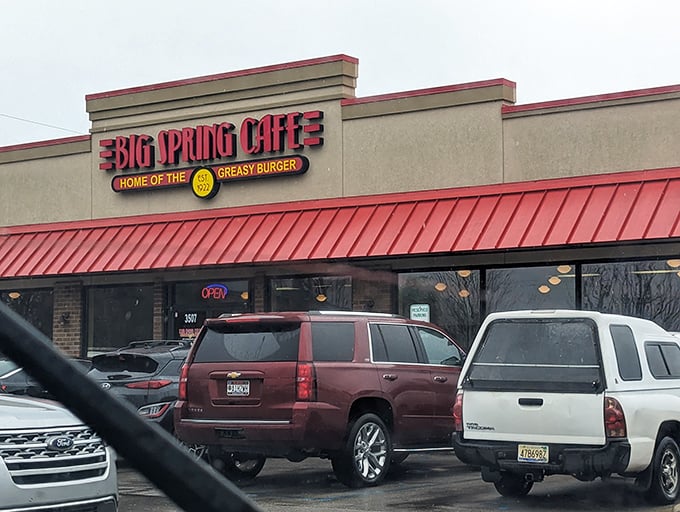 That bright red awning is like a beacon for burger lovers. Big Spring Cafe doesn't hide its greasy greatness!