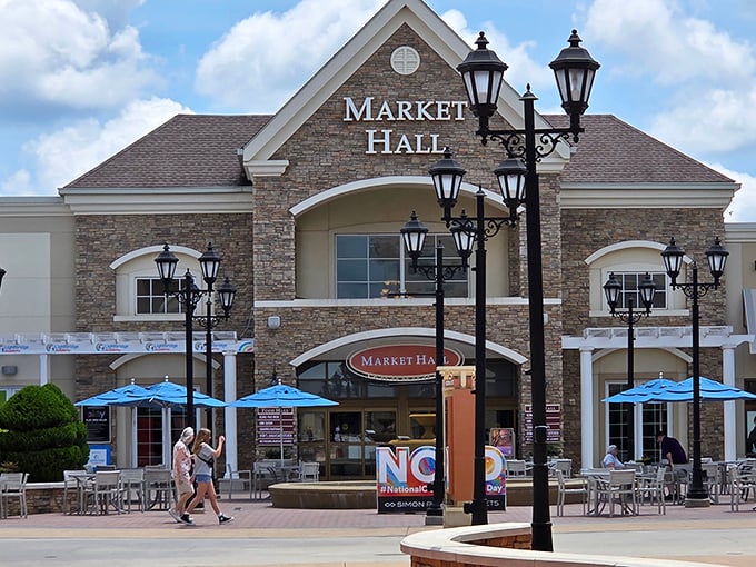 Charlotte Premium Outlets combines upscale design with down-to-earth prices. Those blue umbrellas aren't just pretty&mdash;they're saving shoppers from turning into human puddles!