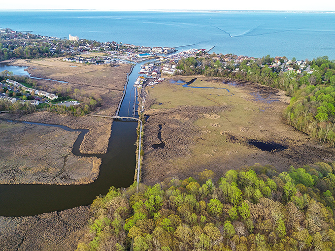 Aerial view of Chesapeake Beach where land meets water in a perfect marriage of marshland and civilization &ndash; Mother Nature's watercolor masterpiece.