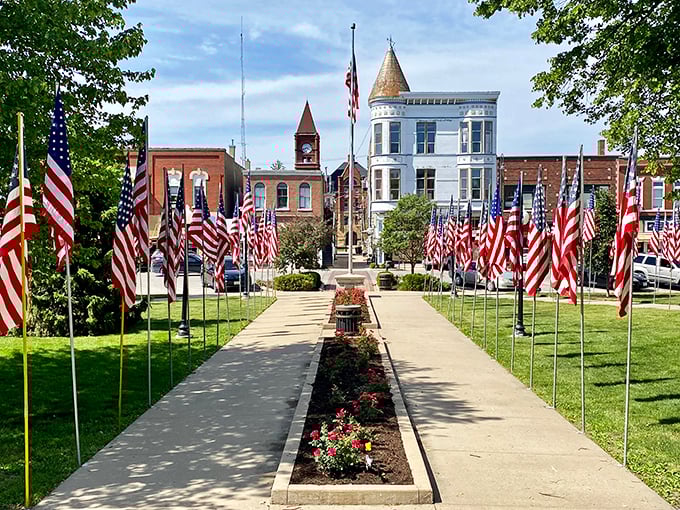 Fairfield's town square bursts with patriotic pride as American flags line the walkway leading to historic downtown buildings.