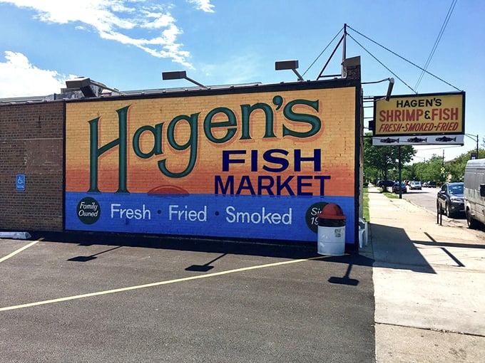 The sun catches Hagen's sign just right, like nature's spotlight on one of Chicago's most beloved seafood institutions.