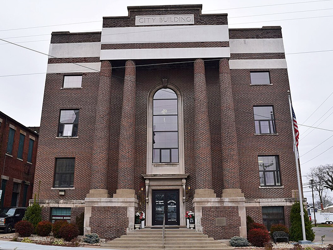 Harrisburg's historic City Building stands proudly downtown, its striped brick facade and columns showcasing small-town civic pride.