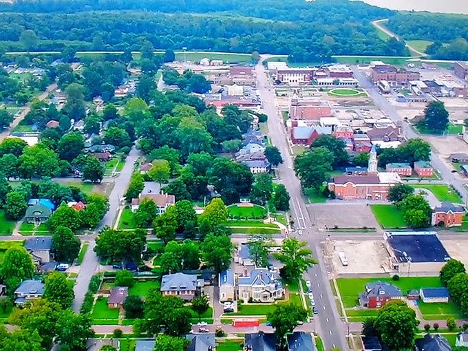 This bird's-eye view shows Helena-West Helena nestled among green trees, highlighting the town's peaceful residential neighborhoods and layout.