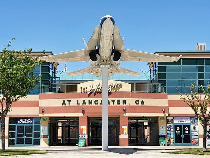 The BLVD in Lancaster features this striking aircraft monument, celebrating the area's rich aviation history and desert-blue skies.