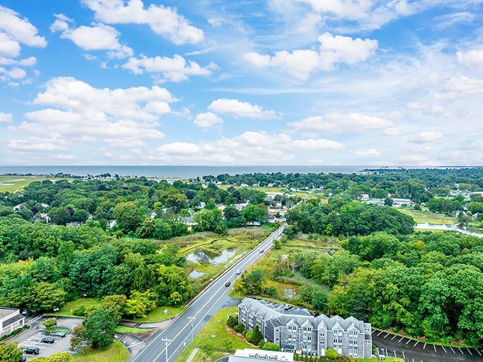 A bird's-eye view of Old Saybrook reveals the perfect blend of lush greenery and coastal living that makes this town a weekend driver's dream.