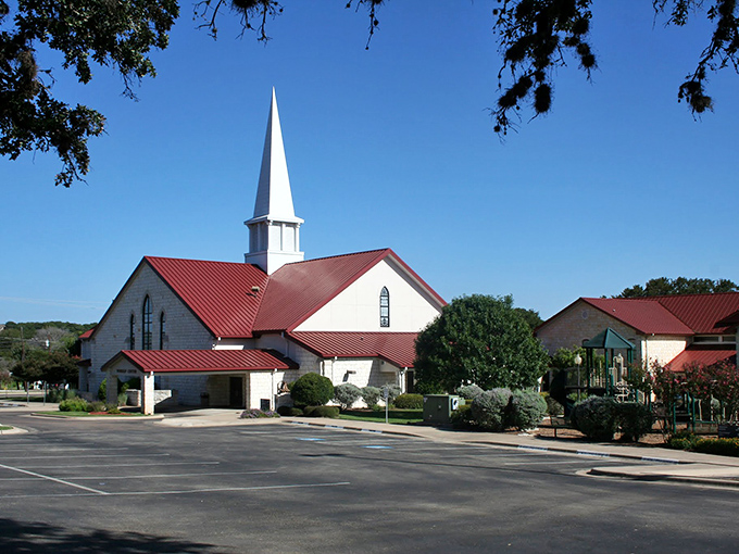 First Baptist Church of Salado reaches skyward with its pristine steeple&mdash;a landmark for both locals and travelers.