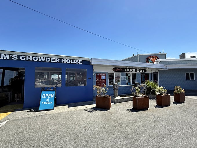 The blue entrance to Sam's promises seafood paradise. Step inside and trade your Monday blues for ocean views and cioppino that sings.