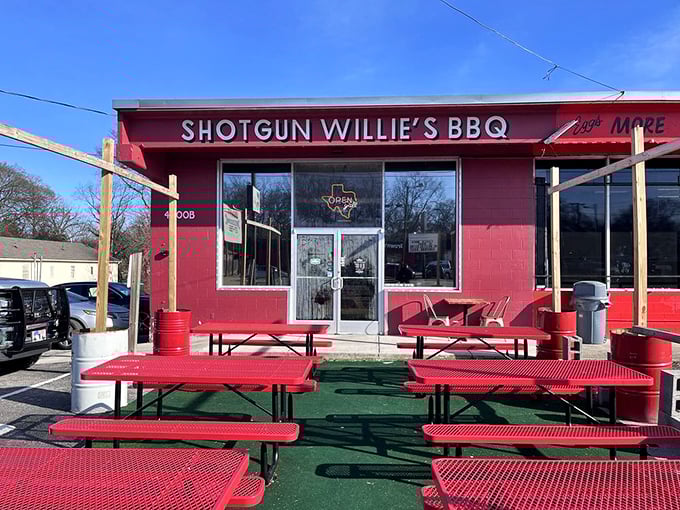 Those red picnic tables aren't just seating&mdash;they're front-row tickets to the best Texas-style BBQ show in Madison.
