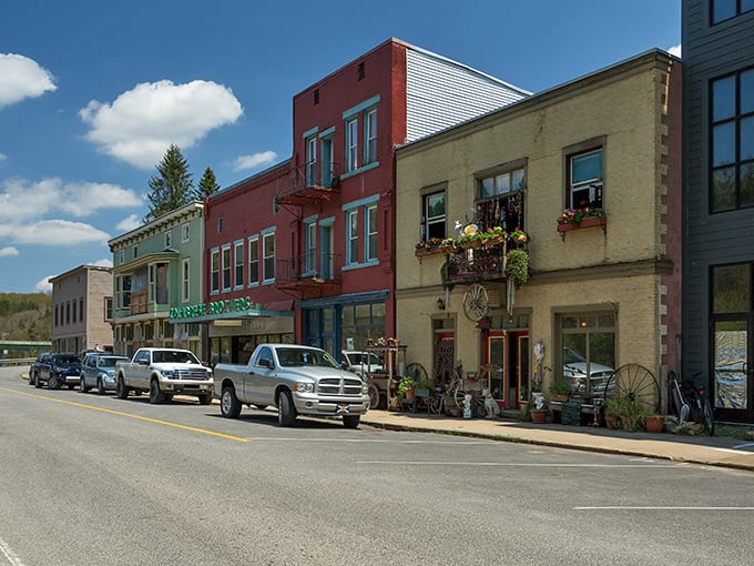 The colorful storefronts of Thomas create a vibrant mountain town atmosphere where artists and outdoor enthusiasts have found common ground.