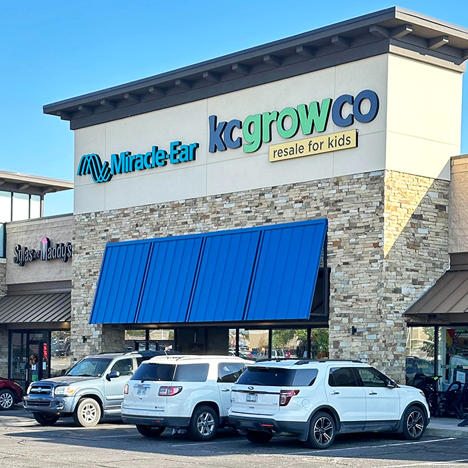 KC Grow Co's bright blue awnings welcome parents looking to outfit growing kids without growing debt.