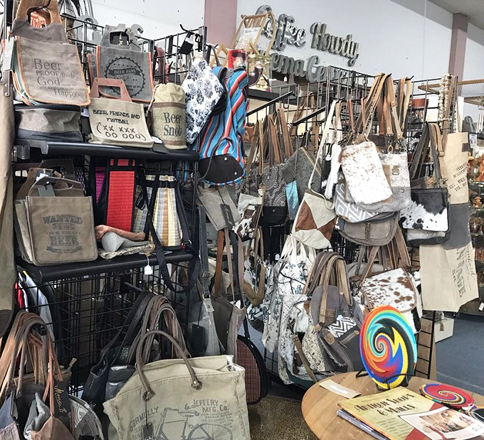 Canvas totes and vintage handbags hang like artifacts from another era &ndash; functional fashion with stories to tell.