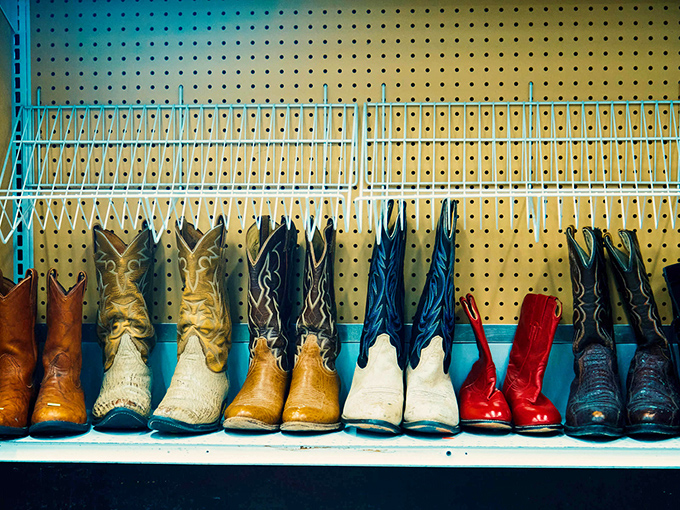 A lineup of cowboy boots that would make John Wayne weep with joy &ndash; each pair telling its own Western tale.