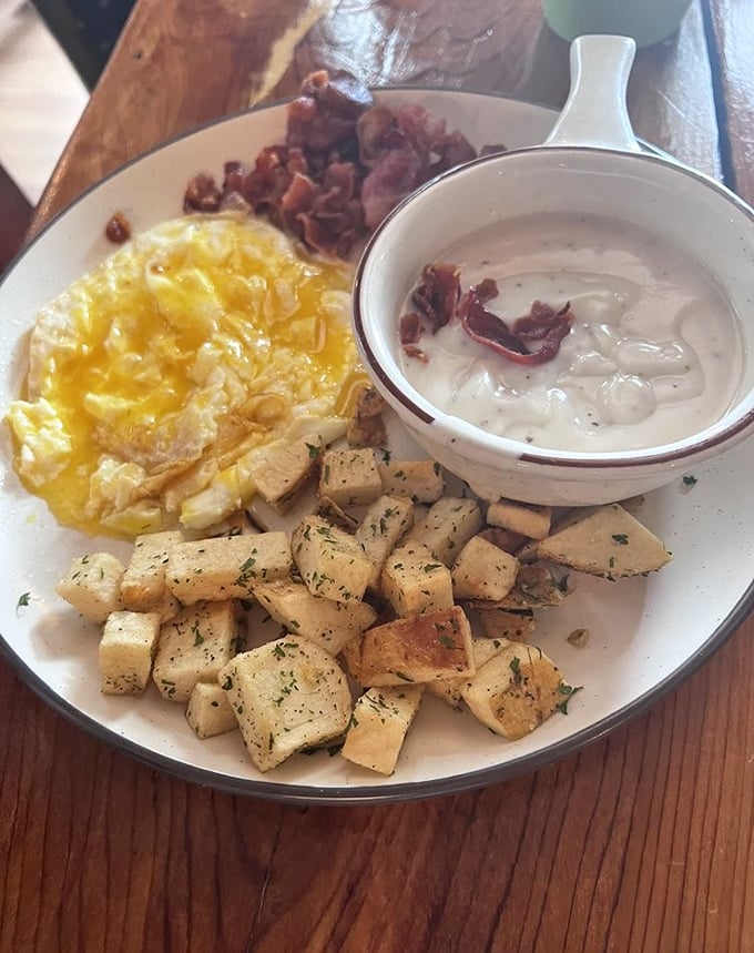 Breakfast of champions or morning fuel for monster hunters? Either way, those perfectly seasoned potatoes deserve their own fan club.