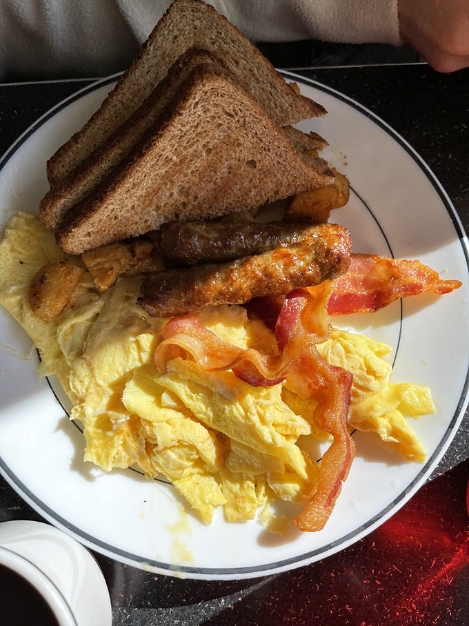 Scrambled eggs that actually taste like eggs, bacon with the perfect crisp-to-chew ratio, and toast that didn't forget its butter. Breakfast fundamentals executed flawlessly.