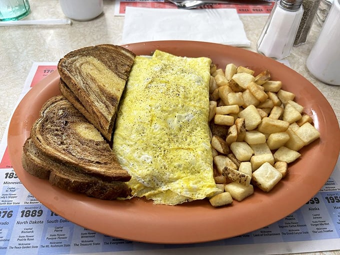 Breakfast perfection on a terra cotta plate. That folded omelet practically whispers "good morning" while the home fries practically shout it.