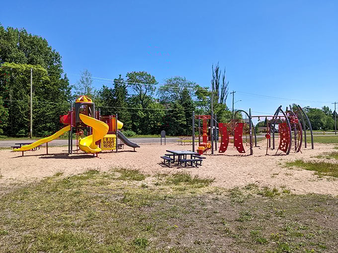 The playground equipment stands ready for adventures, proving fun never goes out of style in small towns.