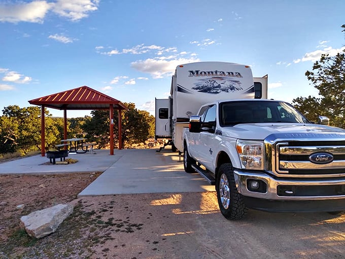 Camping luxury, New Mexico style—where your RV gets a covered porch with million-dollar views that no five-star hotel can match.