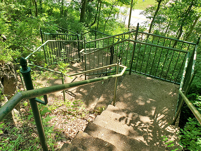 These winding stone steps through the wooded hillside offer a perfect blend of natural Ozark beauty and thoughtful human design.