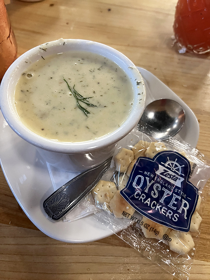 The legendary clam chowder arrives with a sprinkle of fresh dill and oyster crackers, delivering a taste of the sea so authentic you'll check for seagulls.