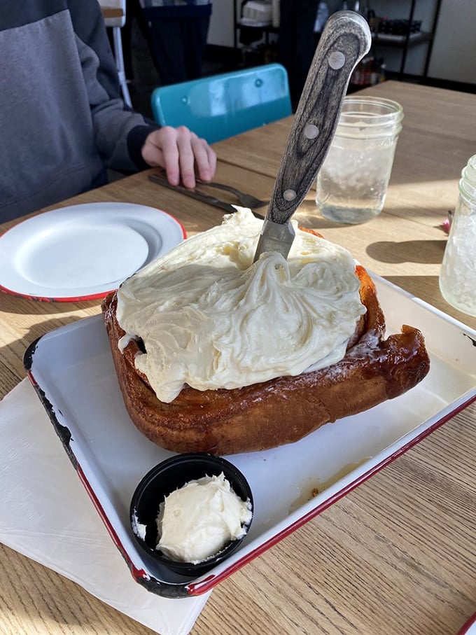 Not so much a cinnamon roll as a cinnamon continent, this GIGANTOROLL arrives with a knife standing at attention, ready for the sweet expedition ahead.