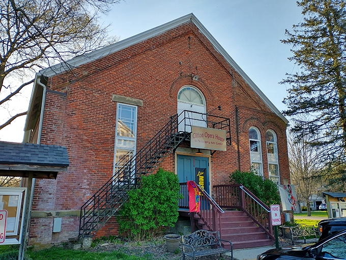 The historic Clifton Opera House brings cultural flair to rural Ohio, its brick facade housing performances that have entertained generations.
