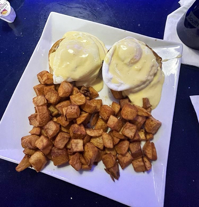 Eggs Benedict done right: perfectly poached eggs draped in hollandaise, perched atop English muffins with home fries that could convert a breakfast skeptic.