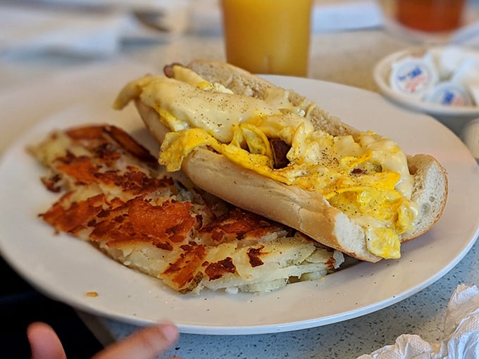 Behold the breakfast sandwich in its natural habitat&mdash;where melted cheese cascades over eggs like a yellow waterfall of morning happiness.