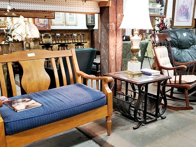 Where mid-century meets country charm in a furniture vignette that whispers, "Mix and match me, darling. Rules are for retail stores."