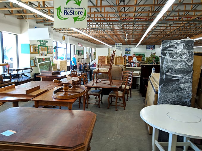 Wooden tables with stories to tell, chairs waiting for new dinner conversations, all priced like it's 1995.