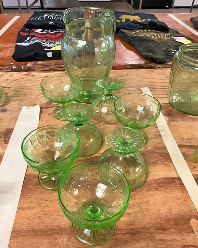Depression glass that witnessed Prohibition now waits for a new home. These green beauties have survived nearly a century to brighten someone's china cabinet.
