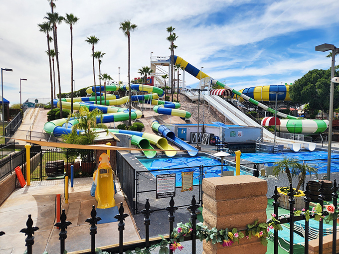 Golfland Sunsplash's colorful water slides offer desert dwellers sweet relief from Arizona heat&mdash;like a rainbow-colored oasis in the middle of town.