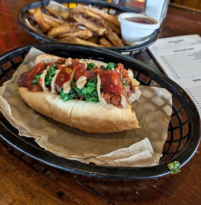 4. happy dog hot dogHot dog architecture at its finest! This masterpiece showcases the beautiful chaos that happens when creative toppings meet a perfectly cooked frankfurter.