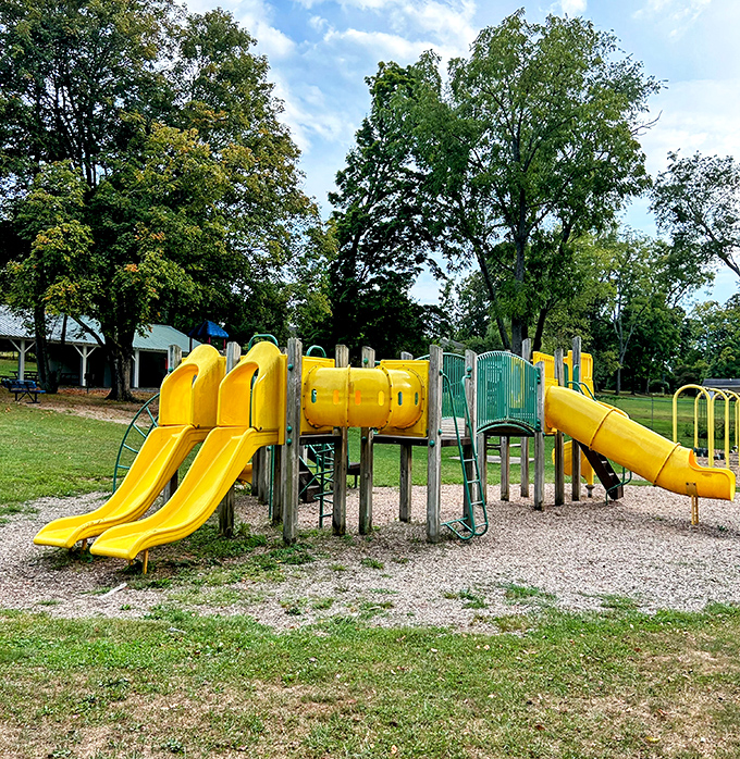 Childhood joy doesn't retire in Lewisburg, where bright yellow playground equipment stands ready for grandkids' visits or your own young-at-heart adventures.