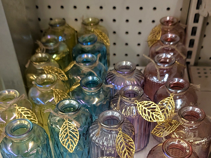 These colorful glass vases with golden leaf accents could easily pass for boutique finds at ten times the price. Budget decorating at its finest!