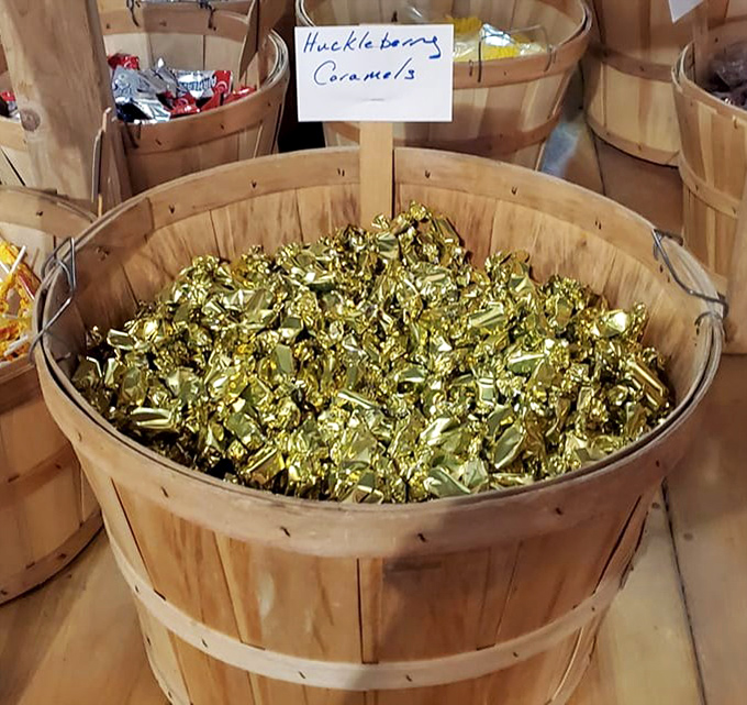 Gold-wrapped huckleberry caramels glisten in their barrel like Montana's own edible sunshine.