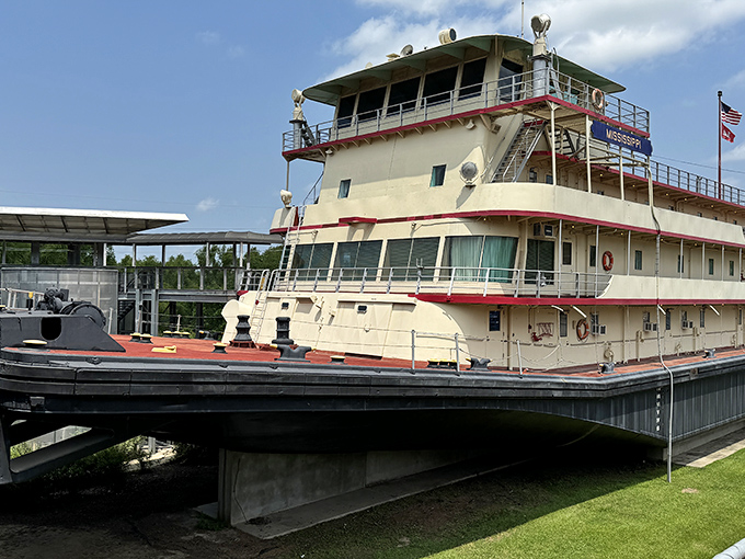 A riverboat that looks ready to host a jazz band and serve mint juleps at sunset.