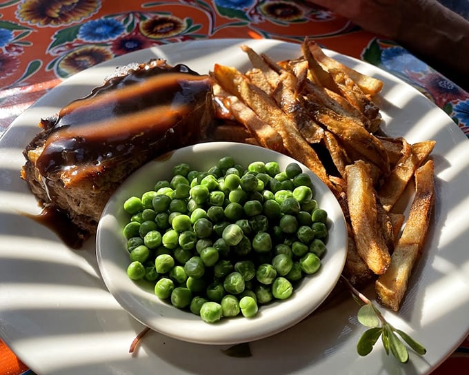 Meatloaf that would make your grandmother jealous. Glazed to perfection, served with hand-cut fries and peas that actually taste like, well, peas!