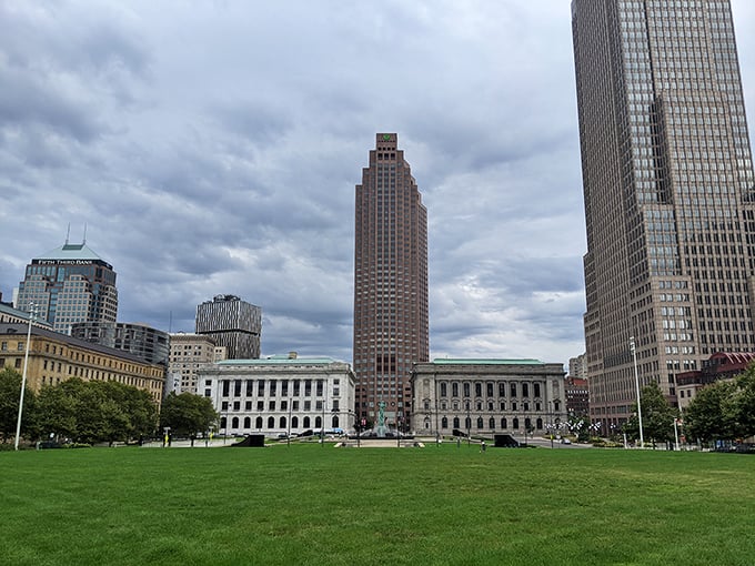 Cleveland's civic center showcases the city's architectural grandeur, where government buildings stand tall against moody Midwestern skies.