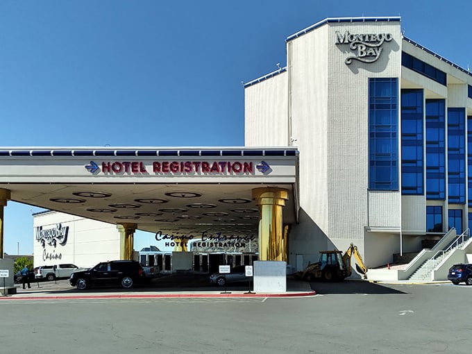 Montego Bay's gleaming entrance promises vacation vibes without vacation spending. The golden pillars say "fancy" but your wallet says "thank you."